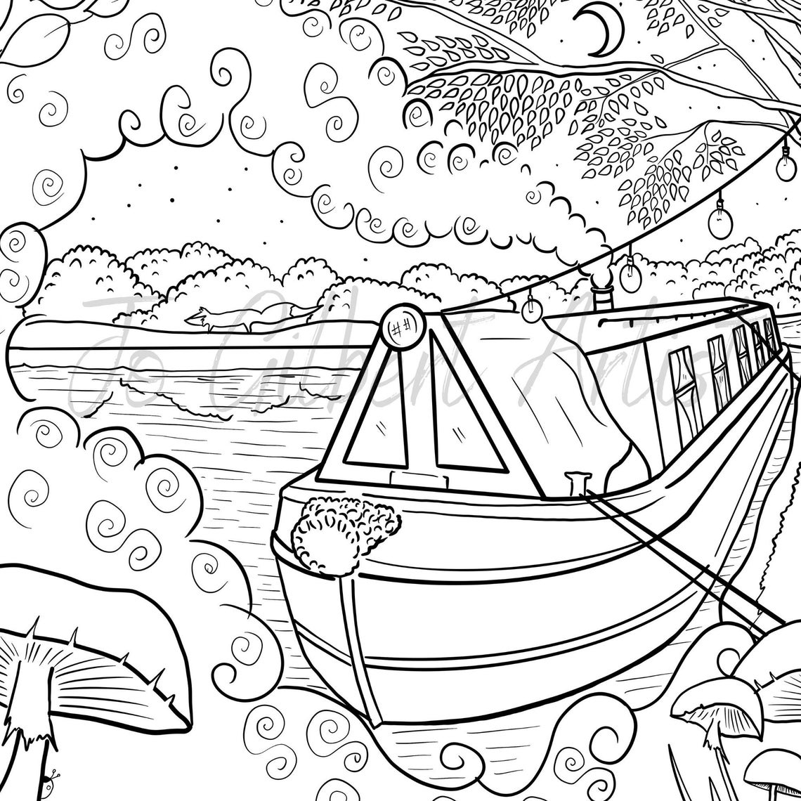 Canal Boat Coloring Page: Hand-illustrated Narrowboat Art (digital ...