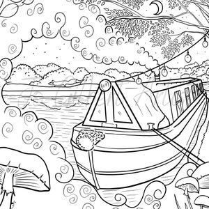 Narrowboat Coloring Page Printable, Canal Boat Hand Illustrated Art ...