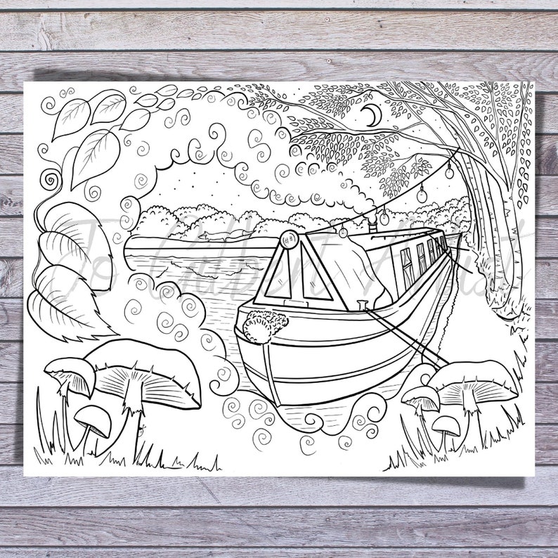 Canal Boat Coloring Page: Hand-illustrated Narrowboat Art (digital ...