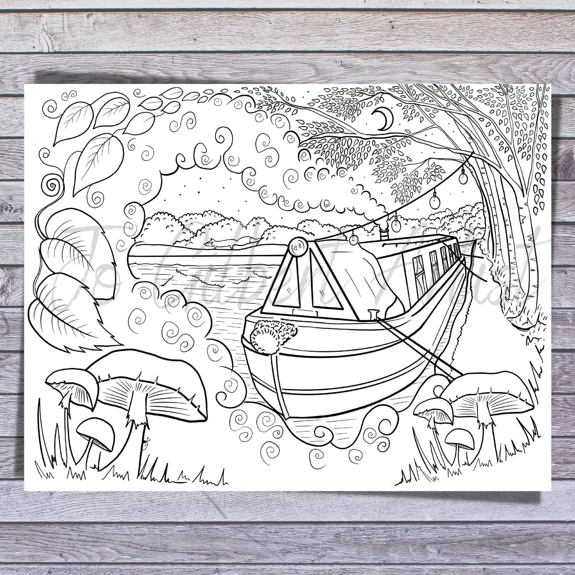 Canal Boat Coloring Page: Hand-illustrated Narrowboat Art (digital ...