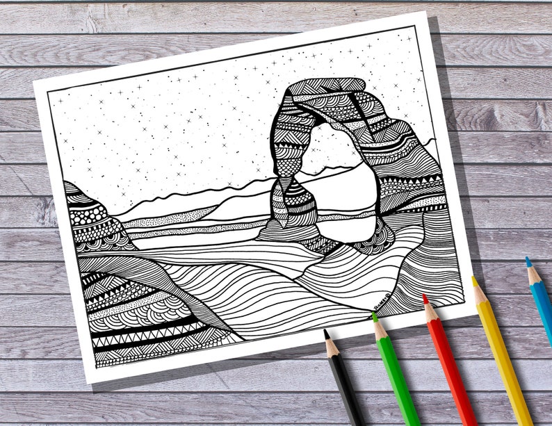 Arches National Park Coloring Page: Hand-illustrated Utah Landscape ...