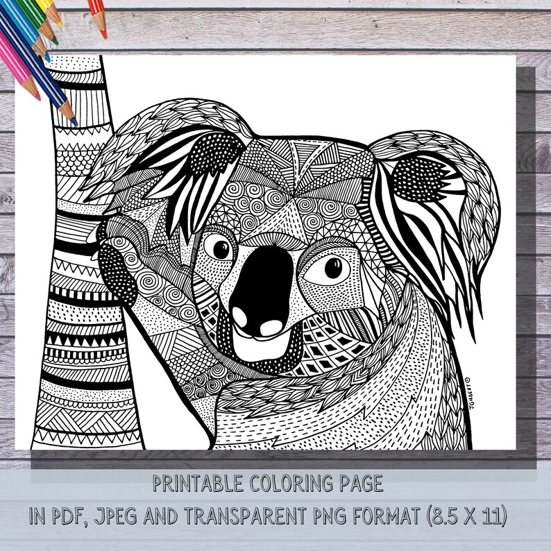 Koala Zentangle Coloring Page: Printable Art (PDF, PNG, JPEG) - Etsy