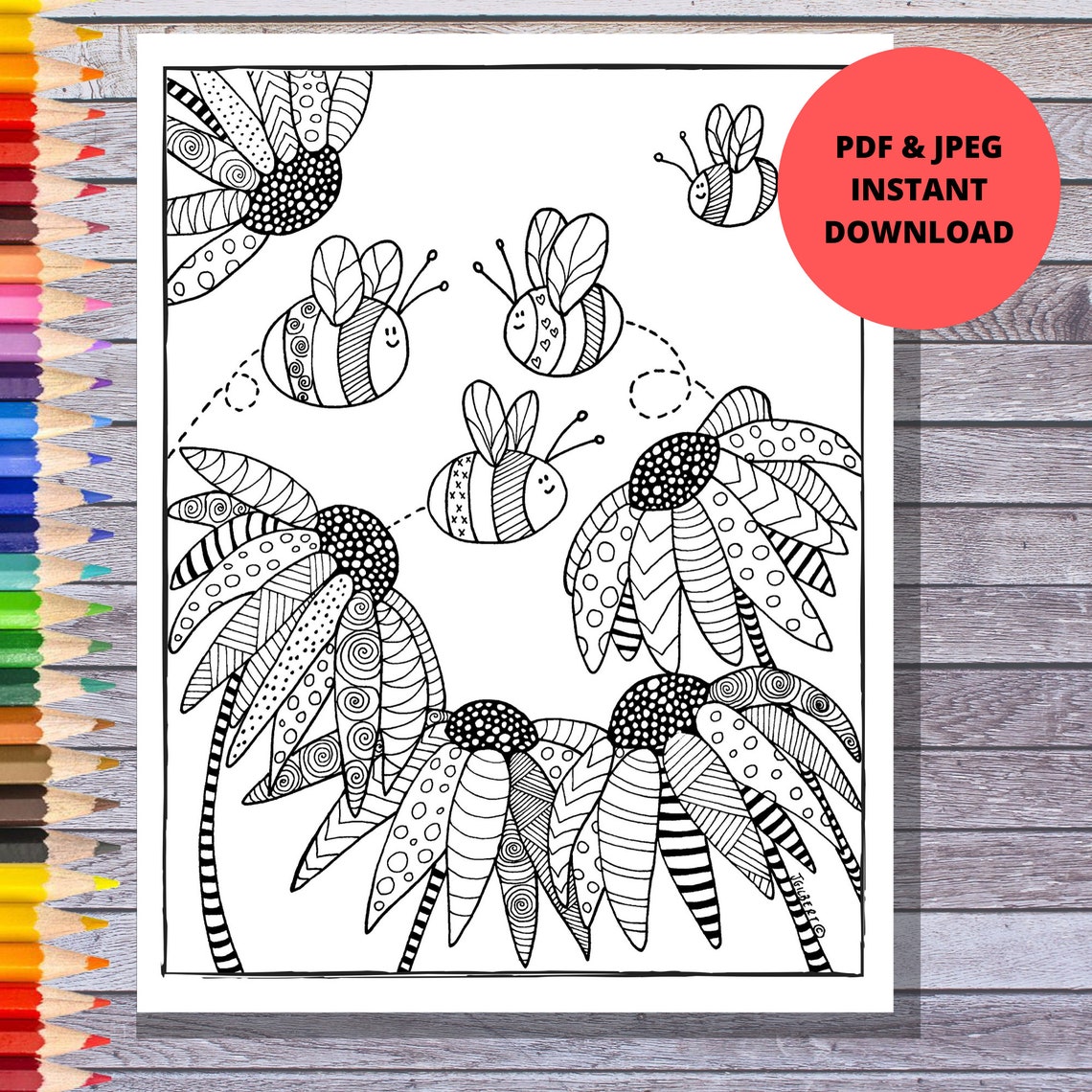 Bumbly Bees Printable Coloring Page Instant Download PDF & | Etsy