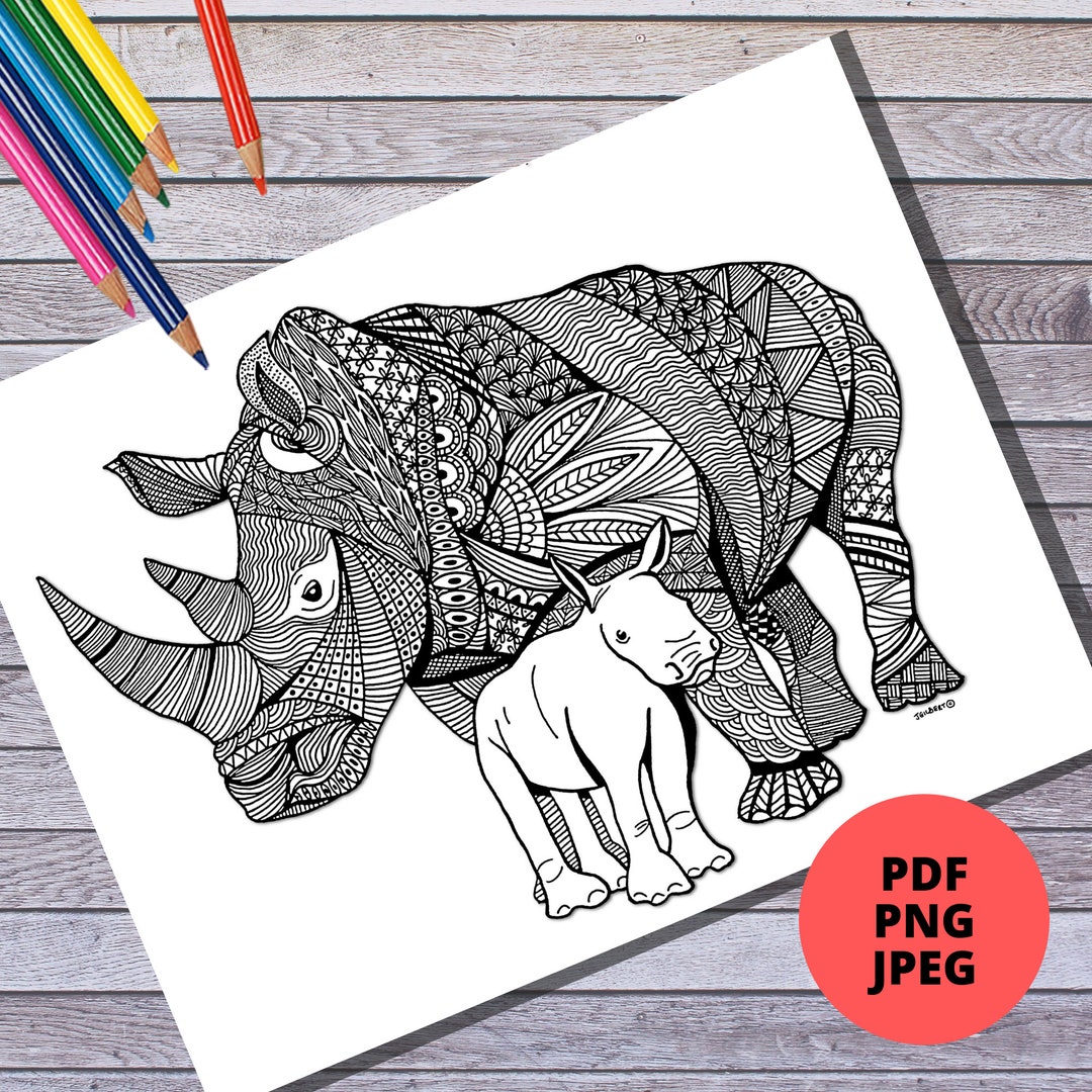 Rhino Coloring Page | Detailed Illustration (PDF, PNG + JPEG) - Etsy