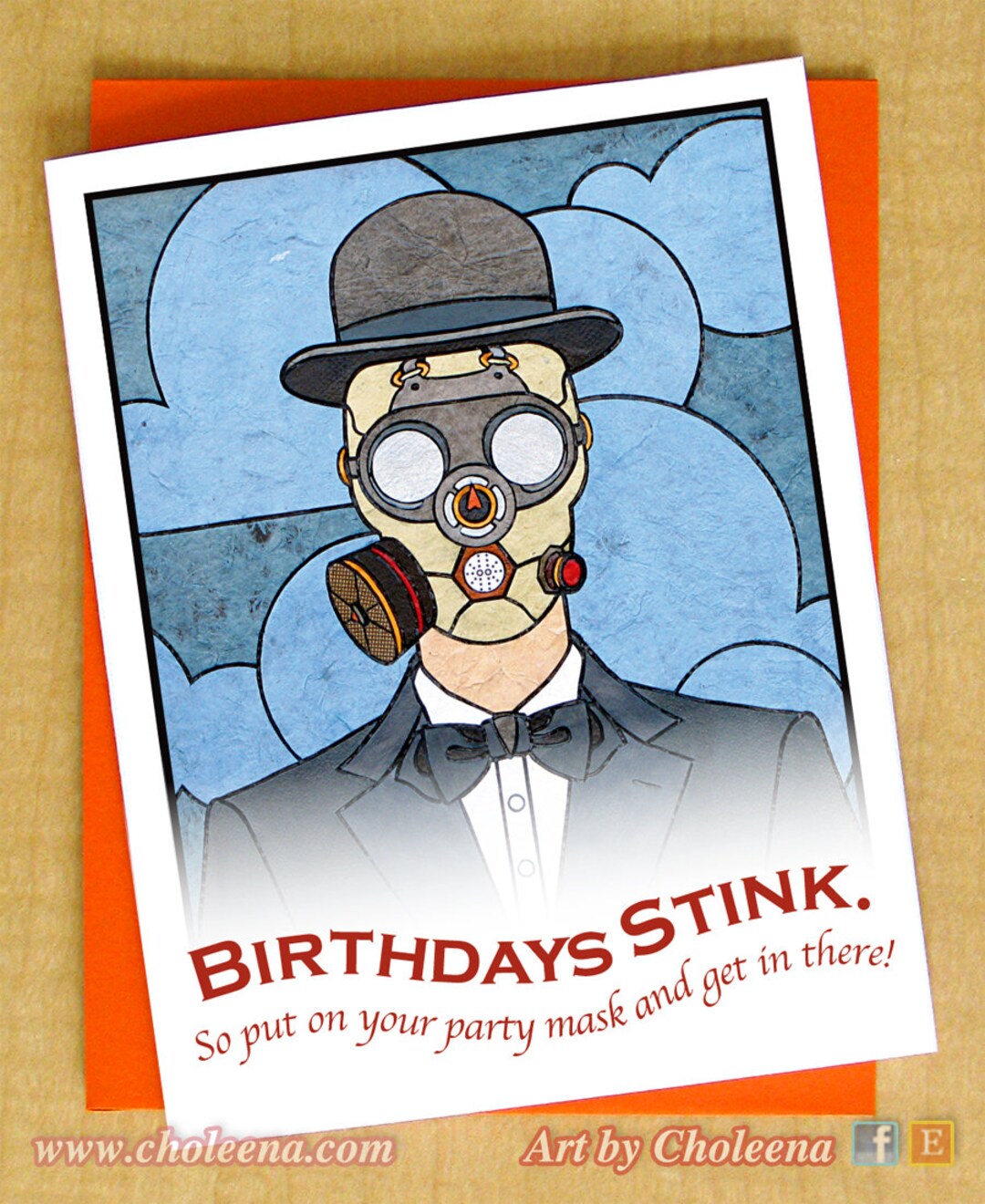 Man in Gas Mask- Greeting Card- Small- Birthdays Stink- Man in Bowler ...