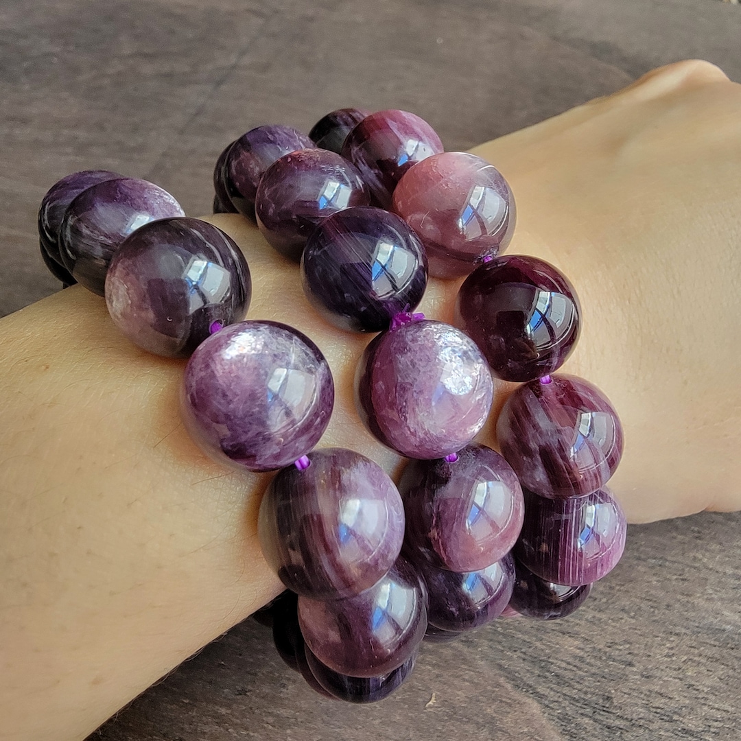 Purple Lepidolite Bracelet, Purple Bead Bracelet, Gemstone With Flash ...