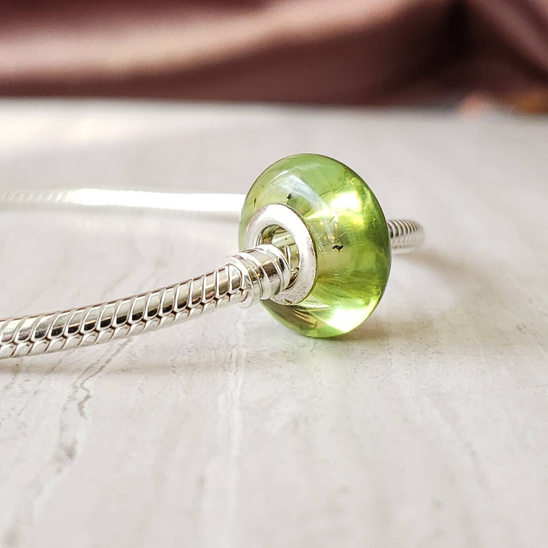 Natural Green Amber Bead Charm With Sterling Silver Core, Green ...