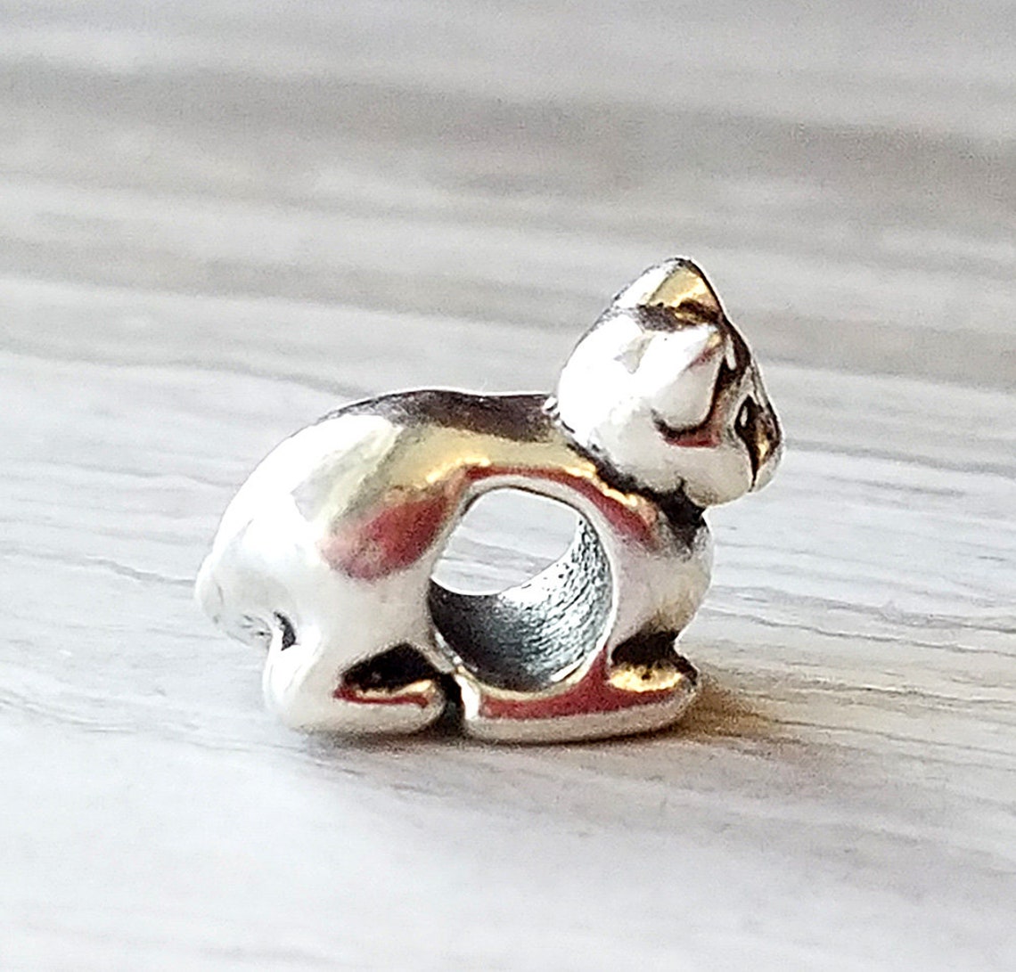 Sterling Silver Cat Charm Spacer Bead Silver Cat Charm - Etsy