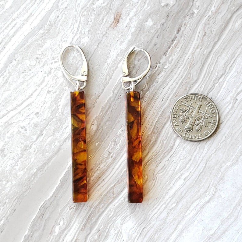 Modern Minimalist Baltic Amber Drop Earrings – Long Rectangle Bar With ...