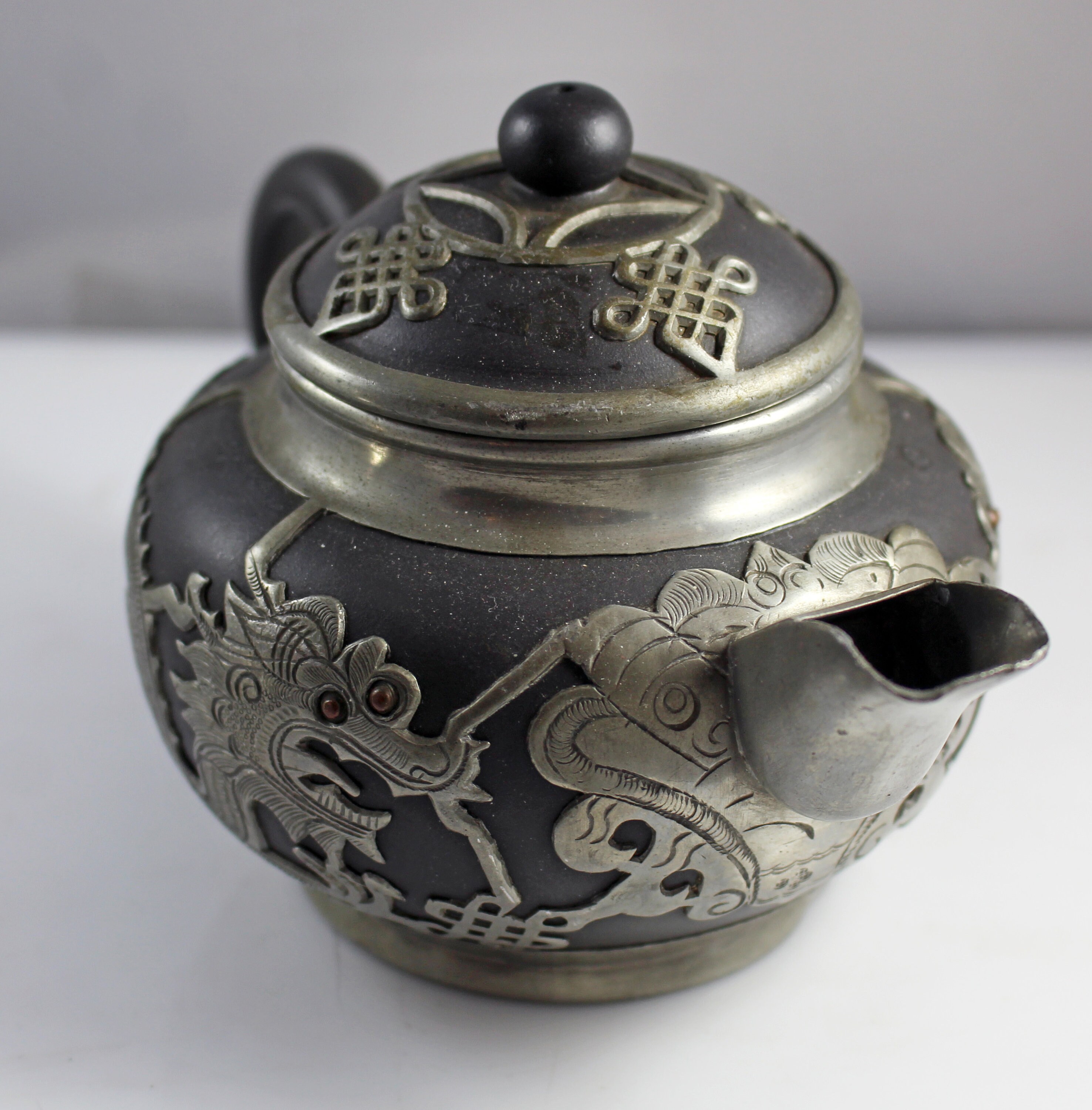 Vintage Chinese Black Yixing Ceramic & Pewter Teapot Dragons WEN HUA ...