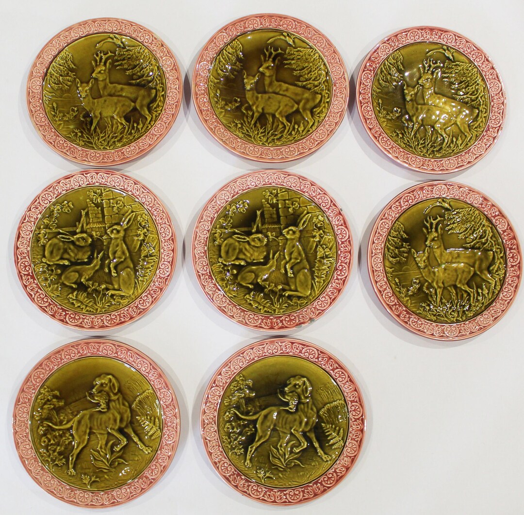 Set of 8 Antique Majolica Pottery Plates Stag Deer Hares Hunting Dog - Etsy