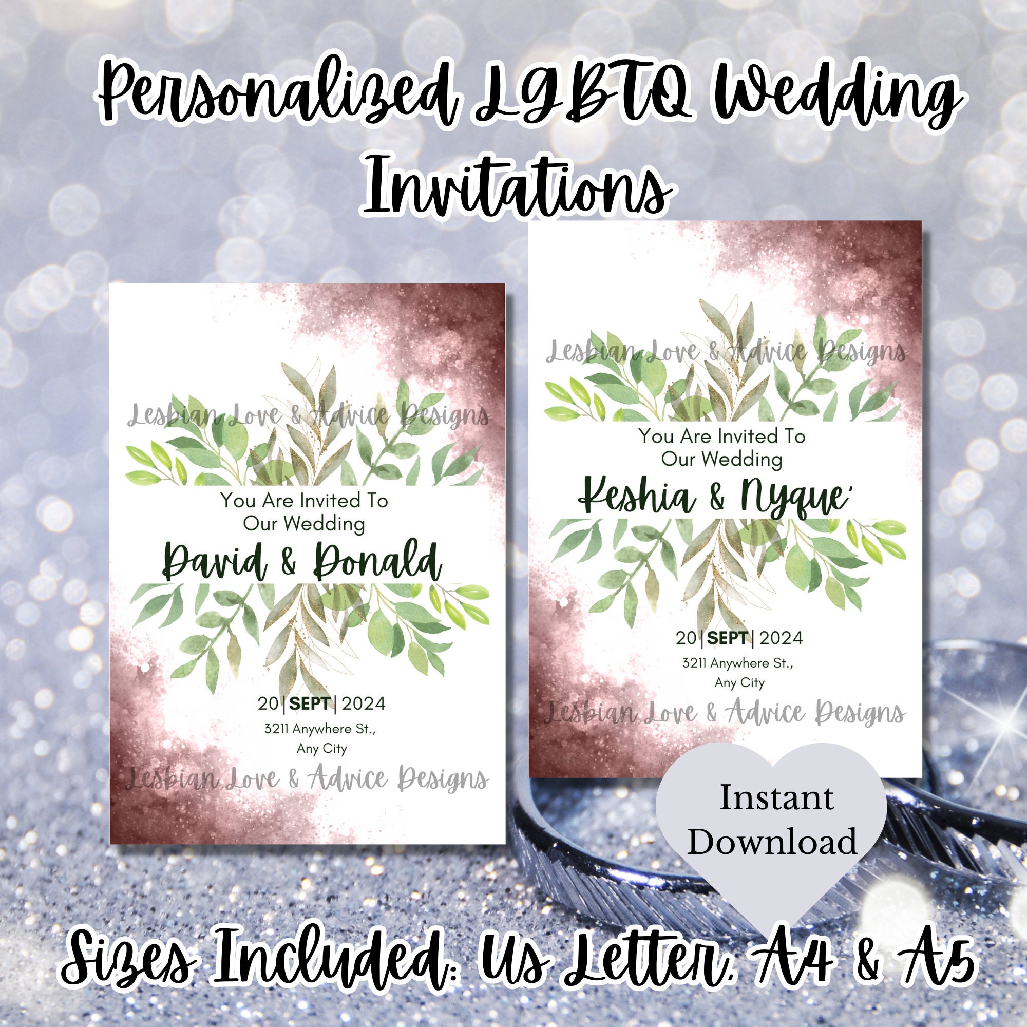 Personalized Wedding Invitations, LGBT Wedding Invitations, Greenery ...