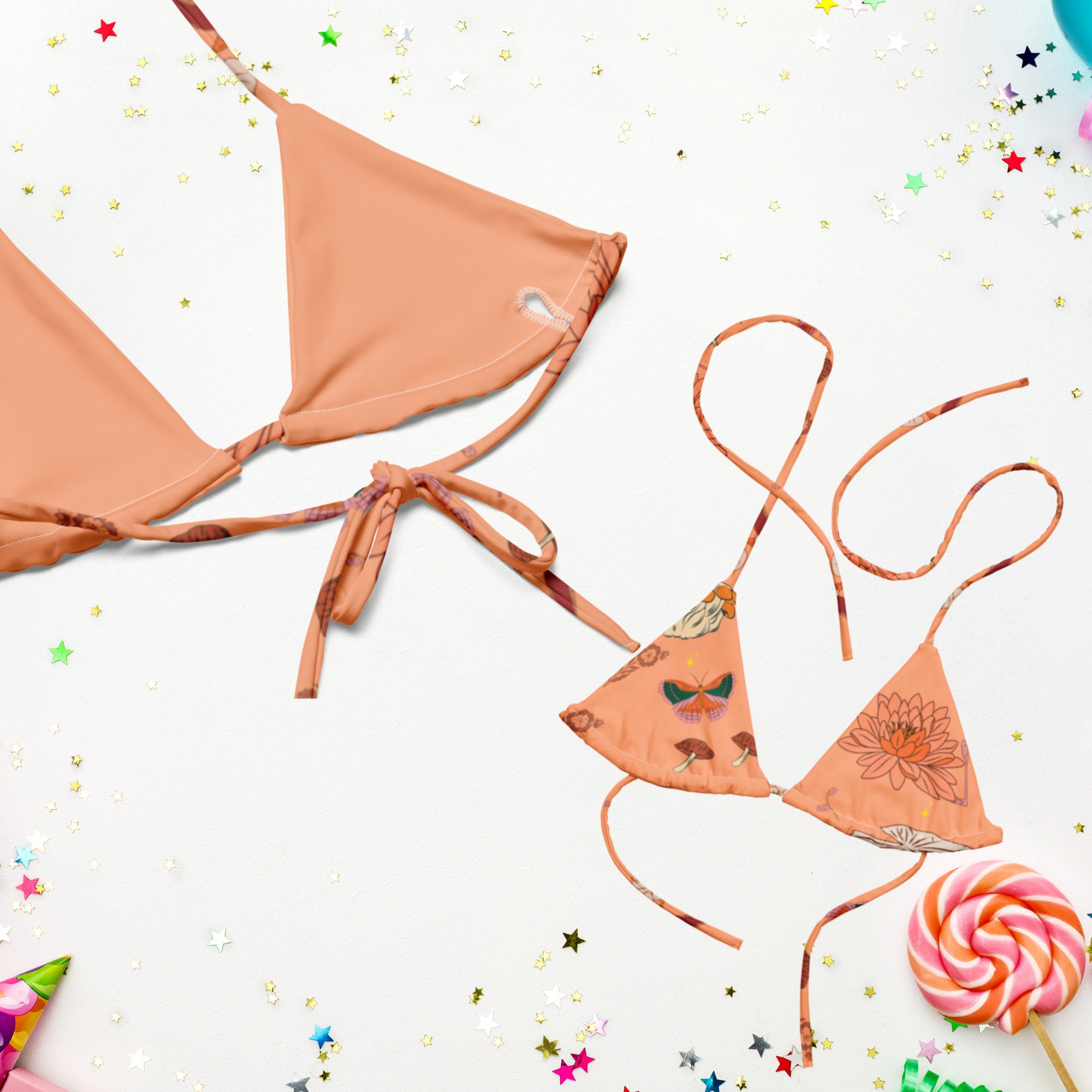 Pink Cottagecore Mushroom String Bikini Top, Vintage Beach Swimwear ...