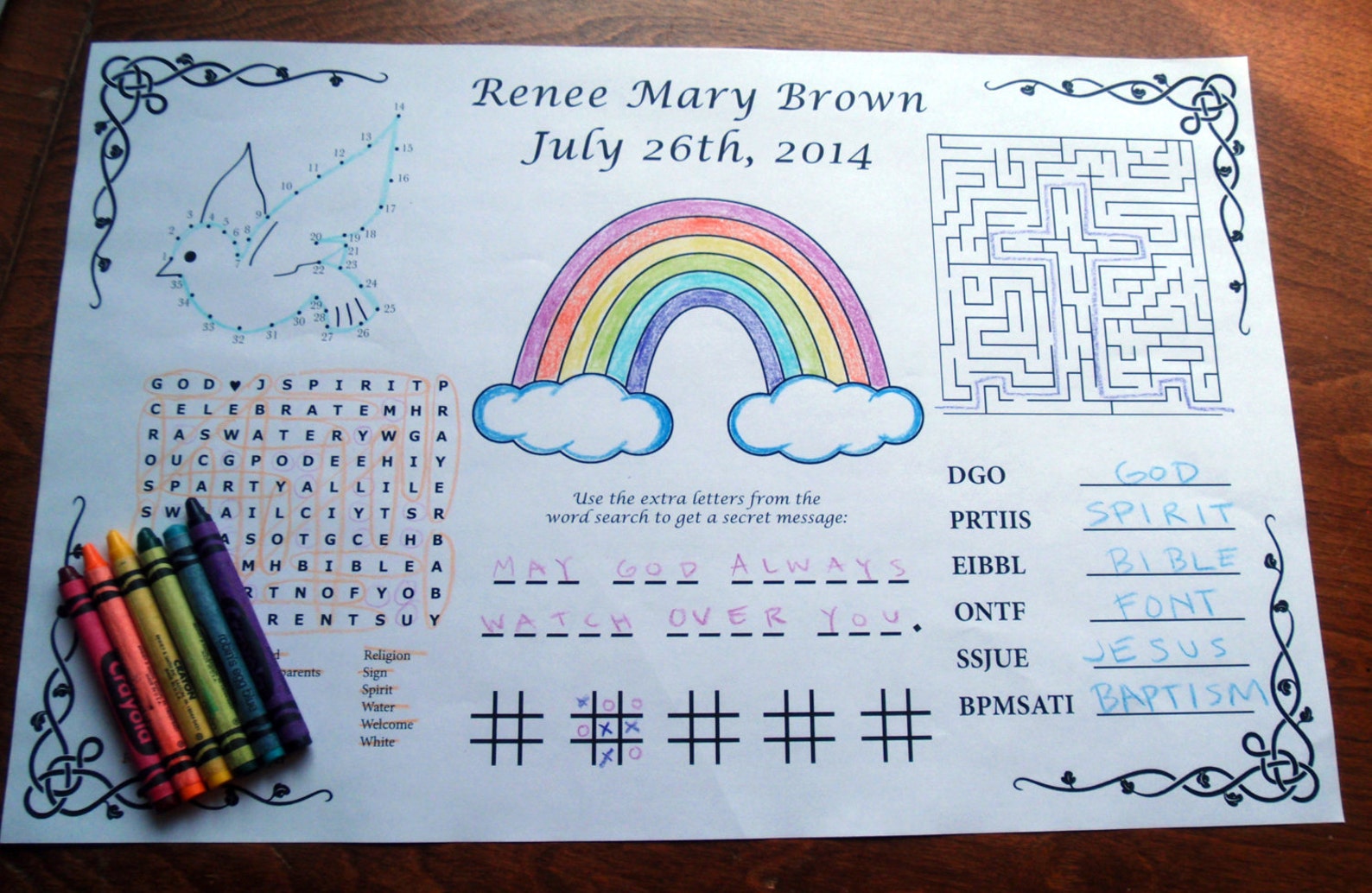 Kids Christening Activity Page PDF. Custom Name & Date. Baptism, Naming ...