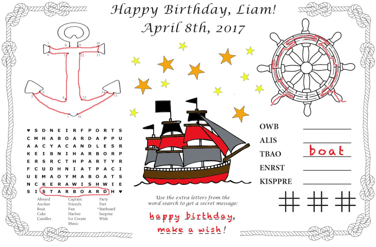 Nautical Birthday Activity PDF. Custom Name & Date. Kids, Maze, Color ...