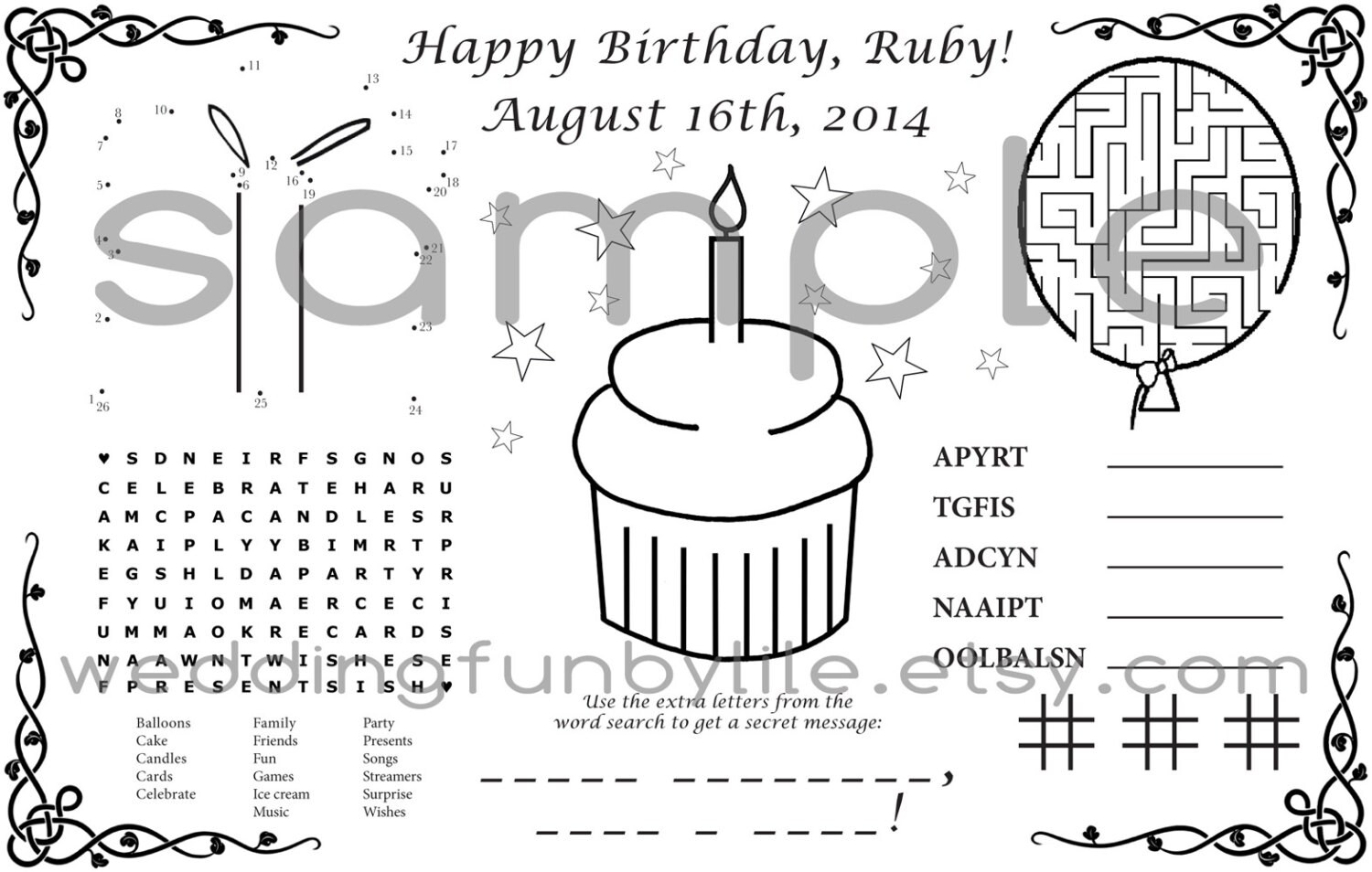 Birthday Activity Page PDF. Kids, Custom Name & Date. Coloring, Games ...