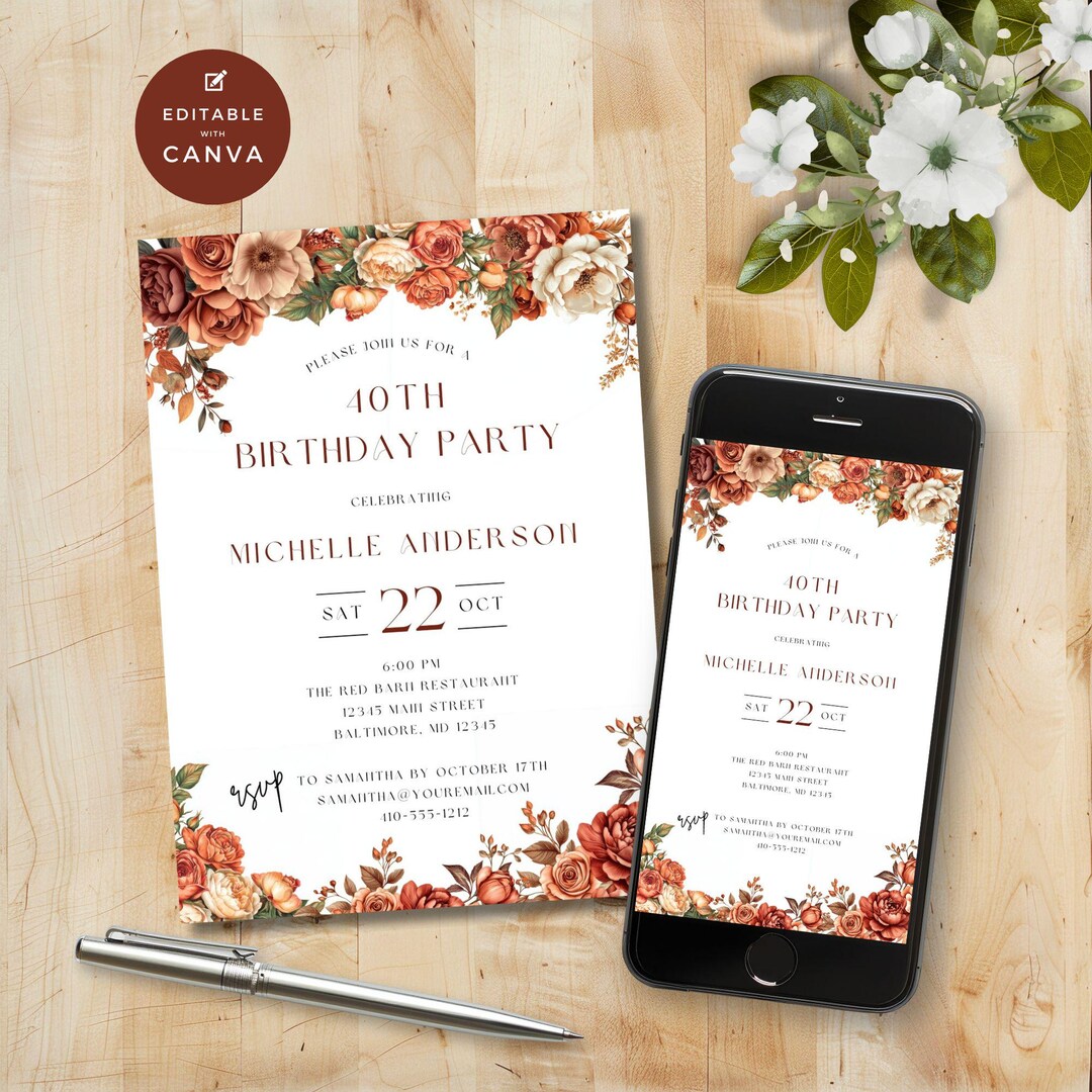 Terracotta Rust Floral 40th Birthday Party Invitation for Her, Digital ...