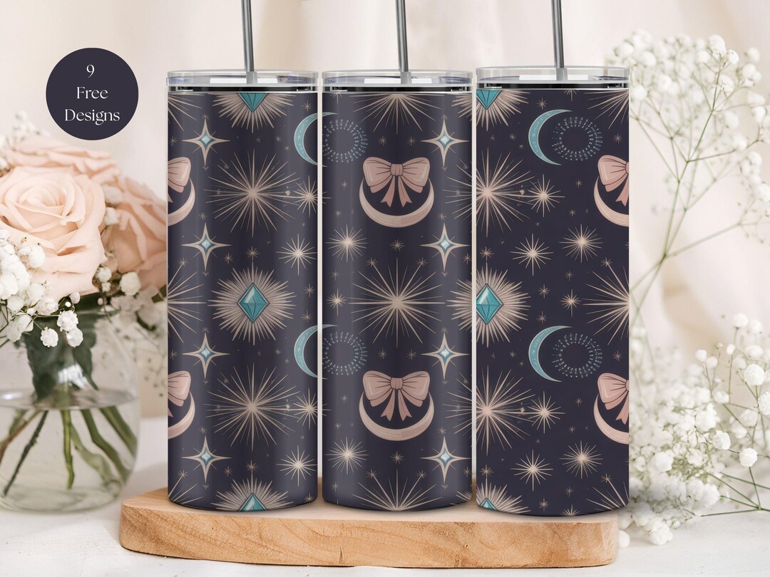20oz Skinny Tumbler Wrap PNG, Coquette Bows Celestial Moon Stars ...