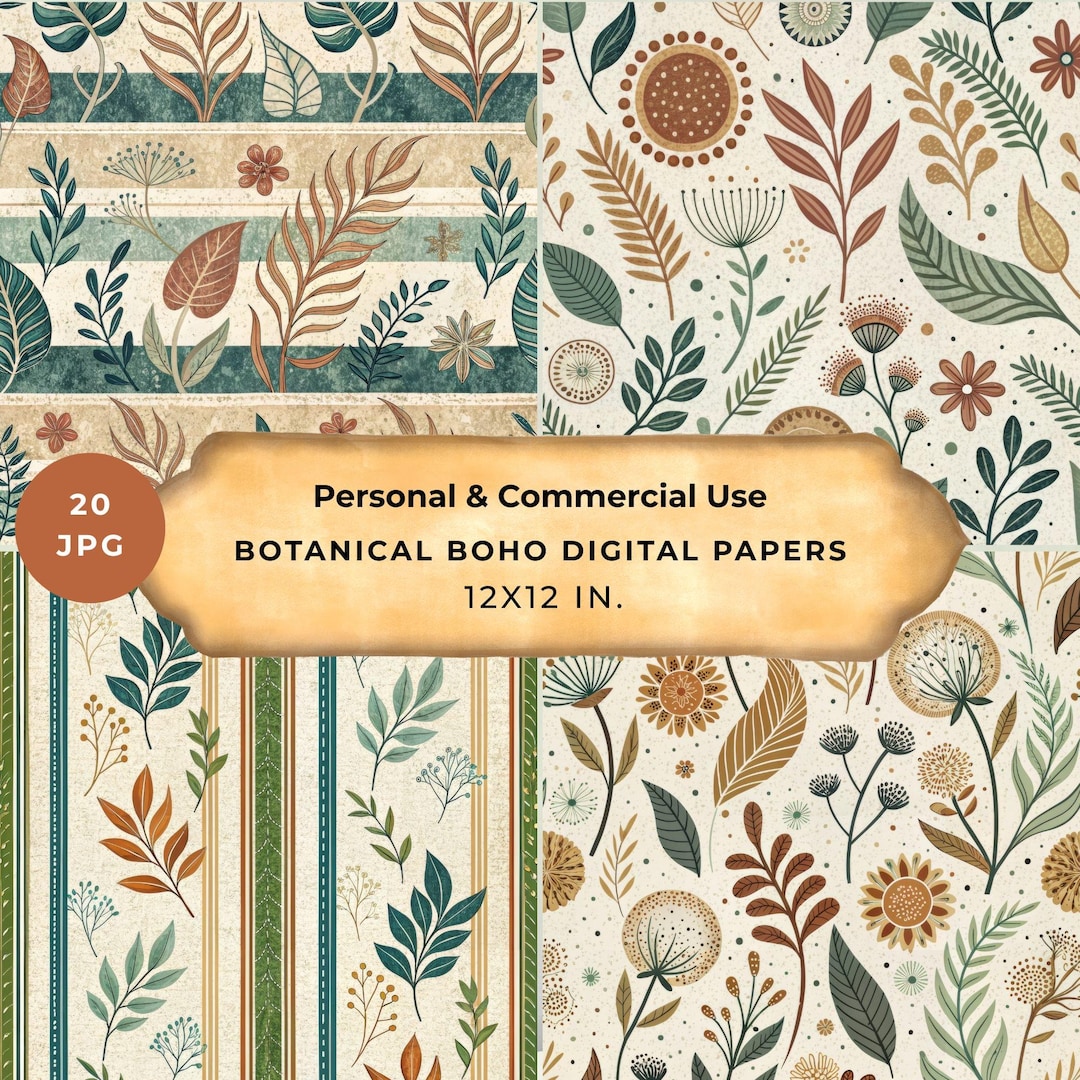 Boho Botanical Seamless Digital Papers, Scrapbook Junk Journals ...