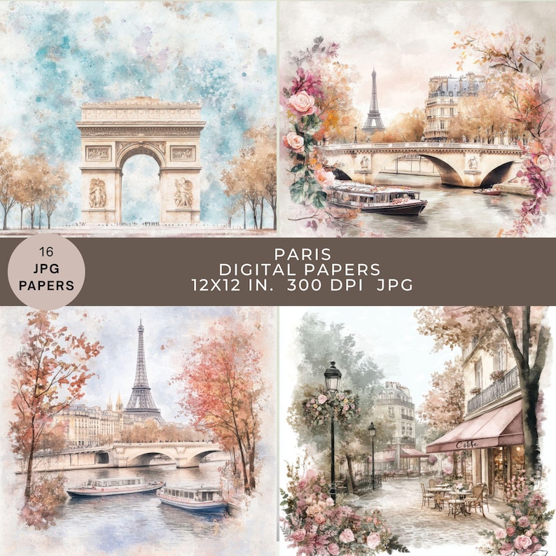 Paris Digital Paper Pack: Eiffel Tower, Florals (12x12 JPG, Instant ...