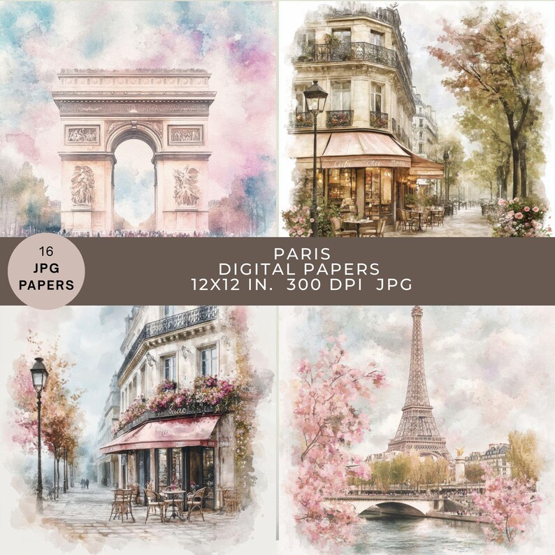 Paris Digital Paper Pack: Eiffel Tower, Florals (12x12 JPG, Instant ...