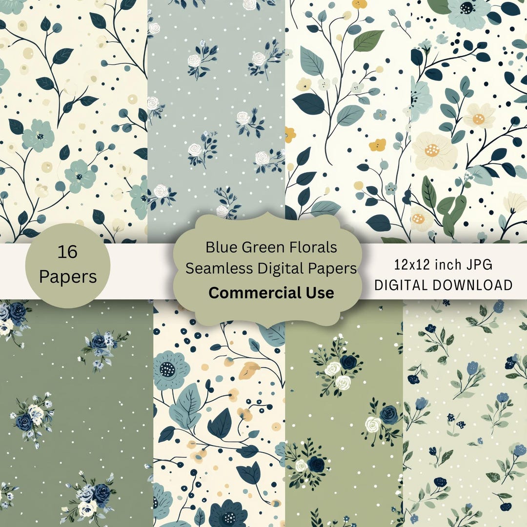 Blue Green Watercolor Florals Digital Papers, Seamless Pattern, Digital ...