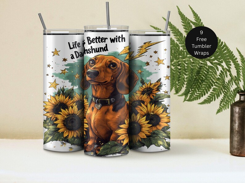 Dachshund Dog Sunflowers 20 Oz Skinny Tumbler Wrap, PNG Sublimation ...