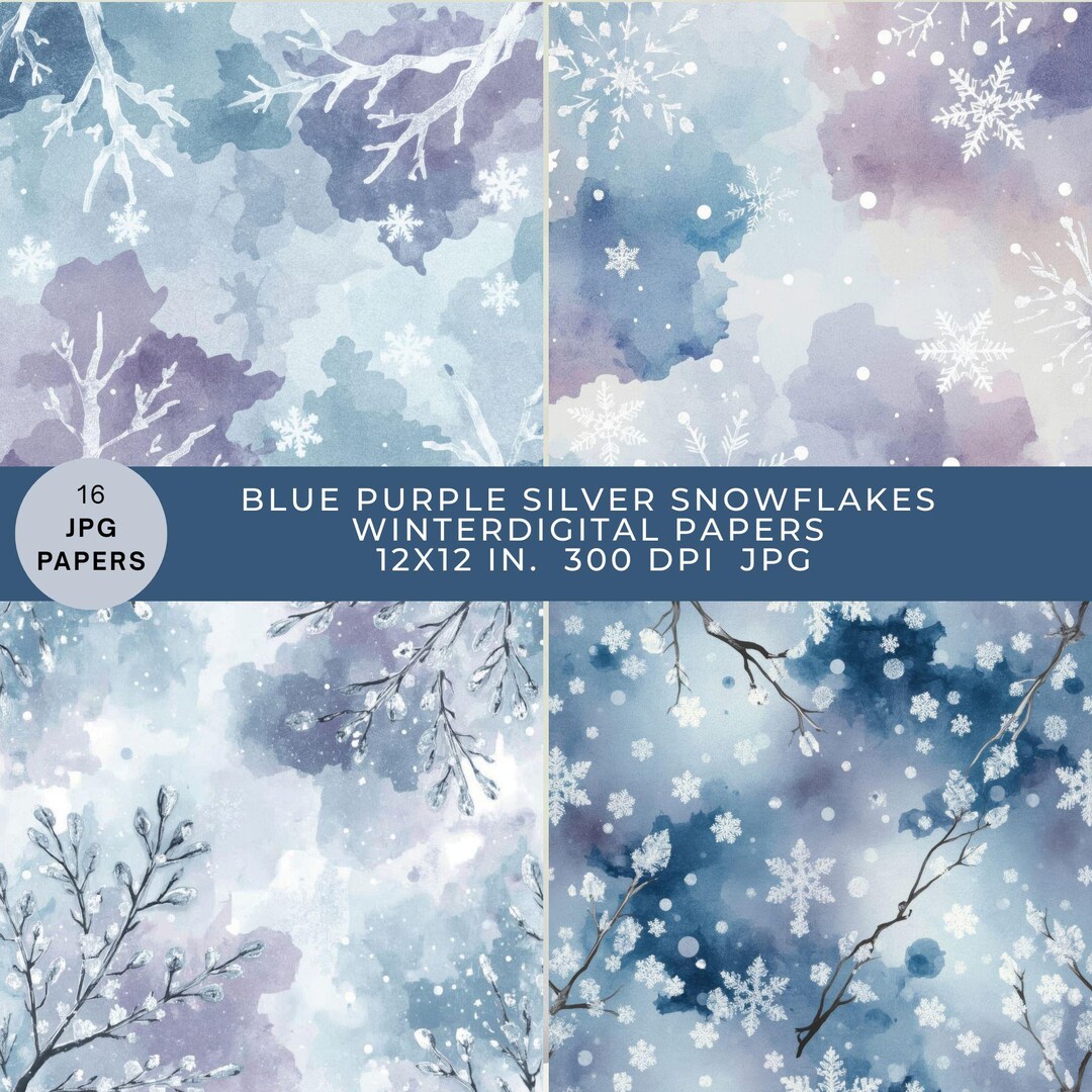 Watercolor Snowflake Digital Papers, Blue Silver Purple Scrapbook Junk ...