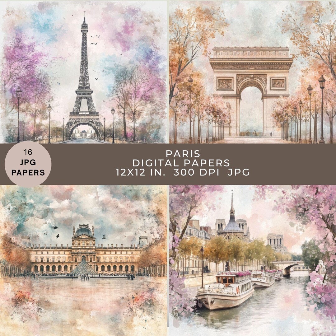 Paris Digital Paper Pack: Eiffel Tower, Florals (12x12 JPG, Instant ...