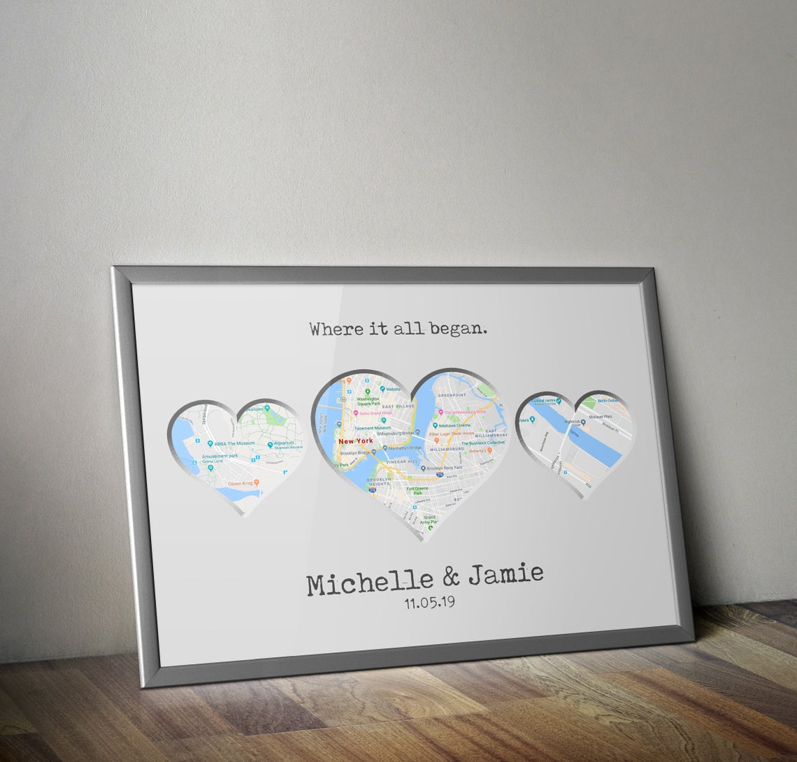 Personalized Heart Map Print Poster / Custom 3 Map Gift, Family Wall ...