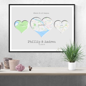 Personalized Heart Map Print Poster / Custom 3 Map Gift, Family Wall ...