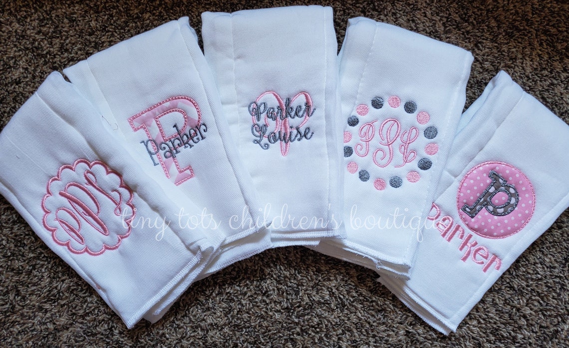 Set of 5 Personalized Burp Cloths - Girl Embroidered Burp Cloth Set ...
