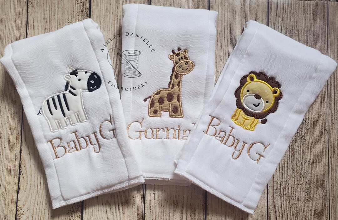 Set of 3 Personalized Burp Cloth Set - Embroidered Lion Giraffe and ...