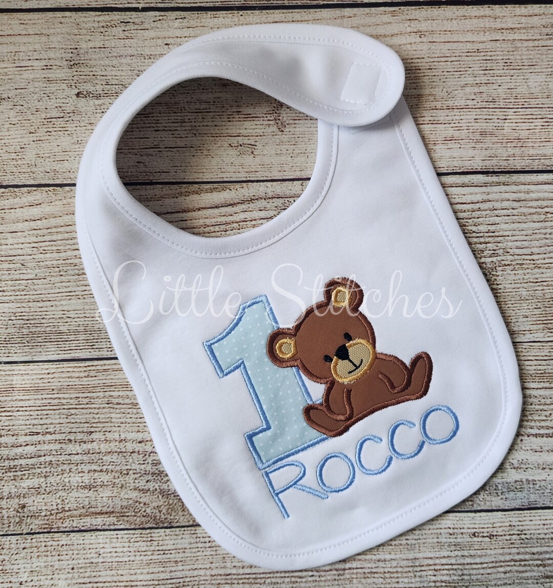 Custom Teddy Bear First Birthday Bib Boy Birthday Bib Embroidered ...
