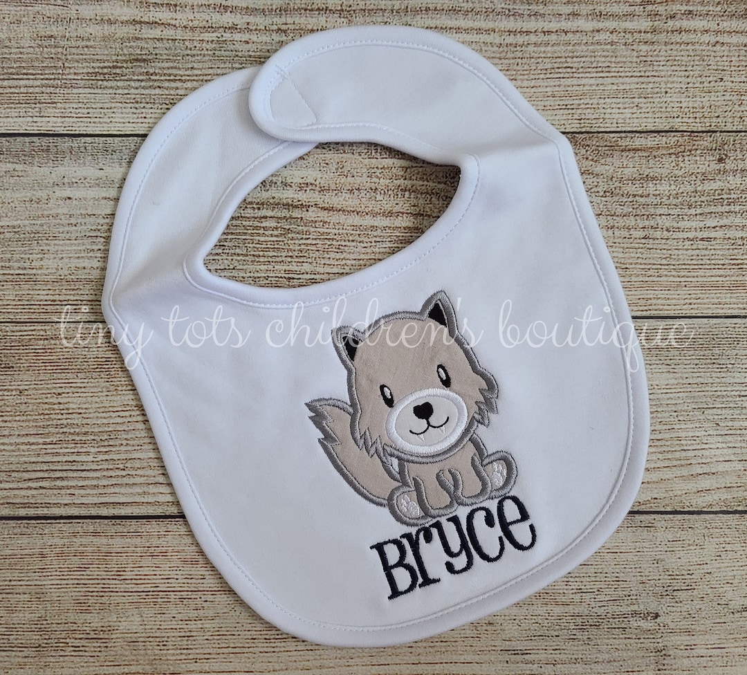 Embroidered Baby Boy Bib Monogram Plain White Bib Personalized Wolf Bib ...