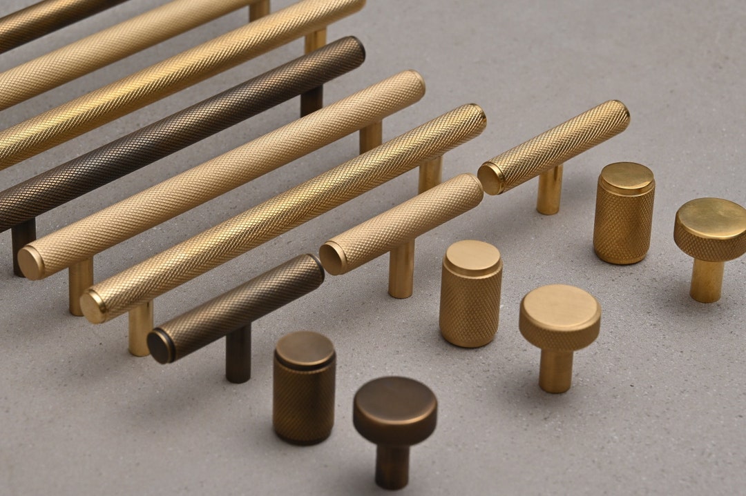 Solid Brass Knurled Pull Handles & Knobs | Kitchen Cabinet Cupboard Handles Modern Polished Aged ...