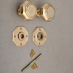 Pair of Polished Brass Octagonal Door Knobs Mortice 70mm Unsprung - Heavy Duty Solid Quality ...