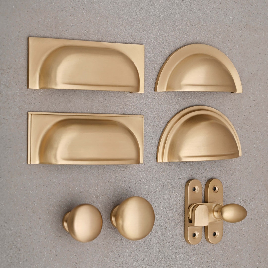 Brushed Satin Brass Cupboard Handles - Kitchen Knobs Cup Pulls Shaker ...