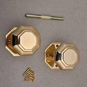 Pair of Polished Brass Octagonal Door Knobs Mortice 70mm Unsprung - Heavy Duty Solid Quality ...