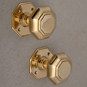 Pair of Polished Brass Octagonal Door Knobs Mortice 70mm Unsprung - Heavy Duty Solid Quality ...