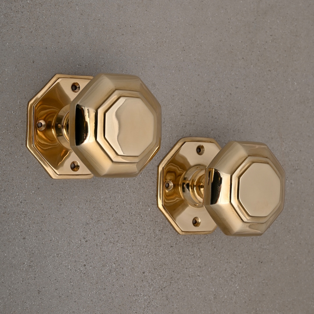 Pair of Polished Brass Octagonal Door Knobs Mortice 70mm Unsprung - Heavy Duty Solid Quality ...