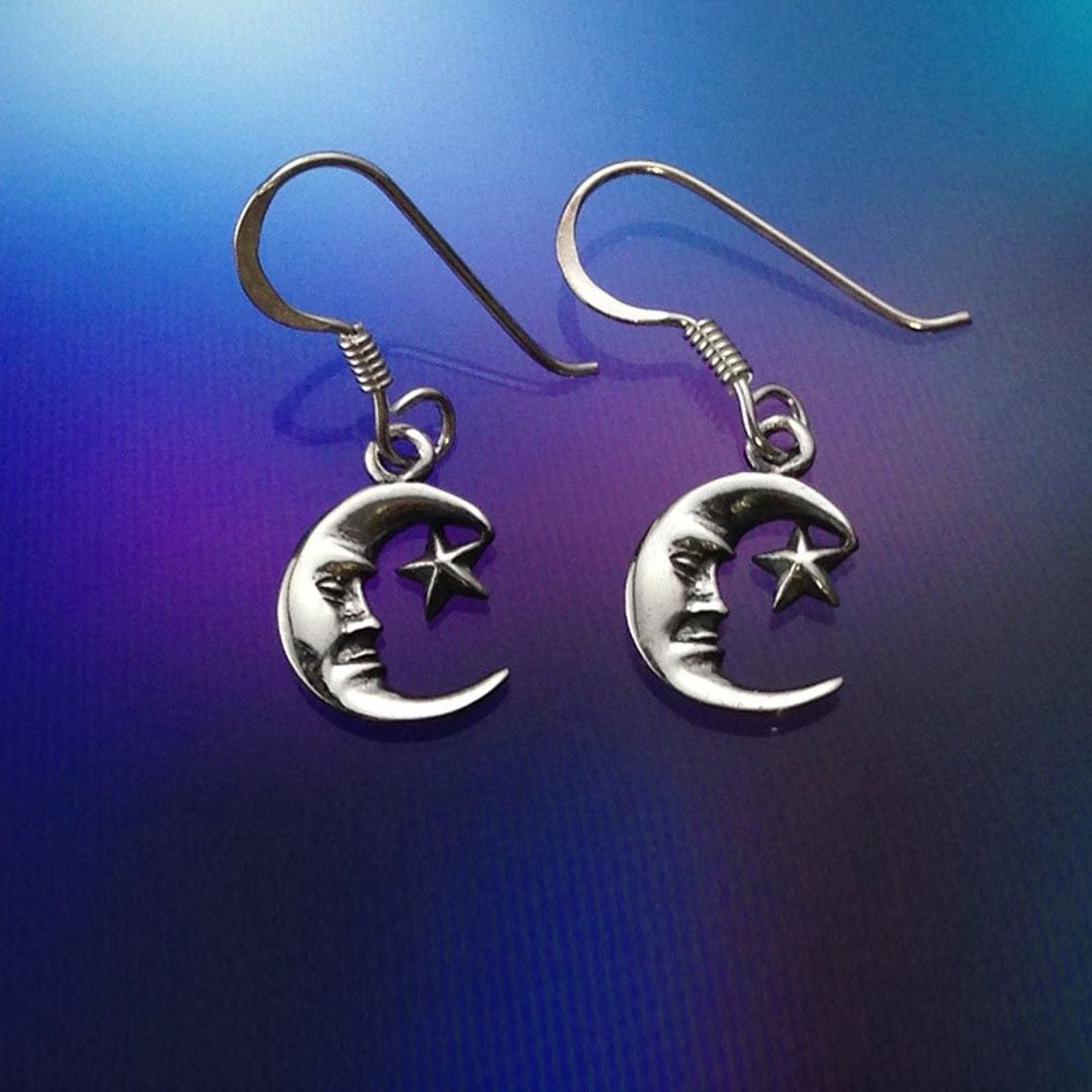925 Solid Sterling Silver MOON and STAR Earrings-dangle Earrings ...