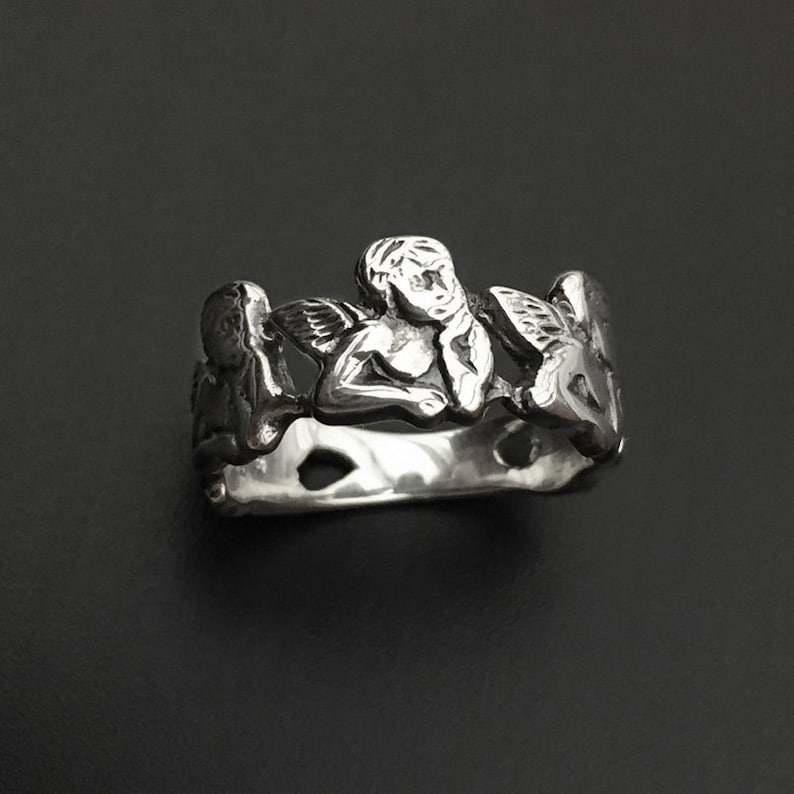 925 Solid Sterling Silver ANGEL Ring-silver Three Angel Ring-baby Angel ...