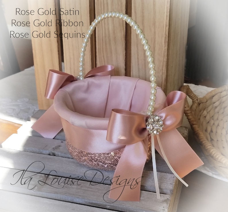 Rose Gold Sequined Flower Girl Basket, Flower Girl Basket, Pink Flower ...