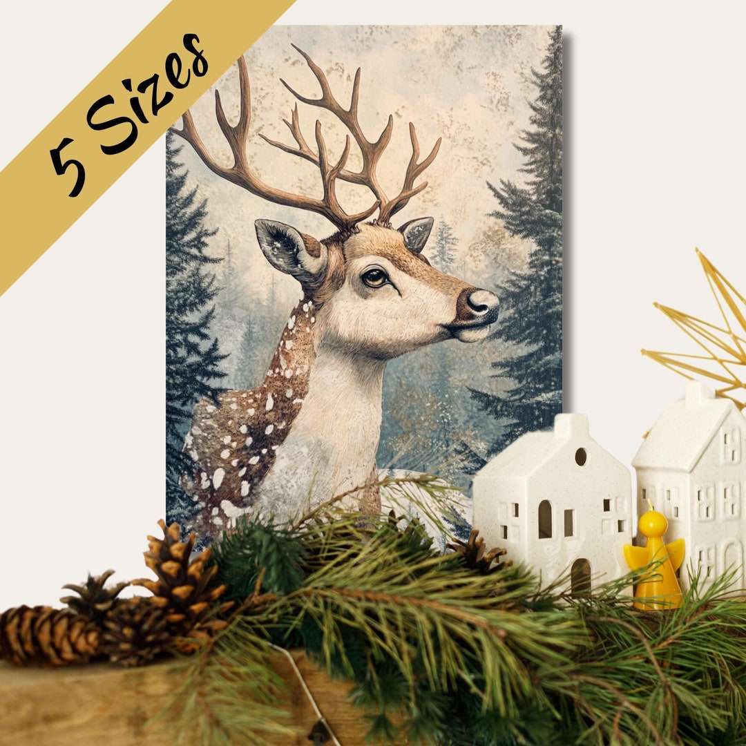 Winter Reindeer Art Print Christmas Wall Decor Holiday Home Decoration ...