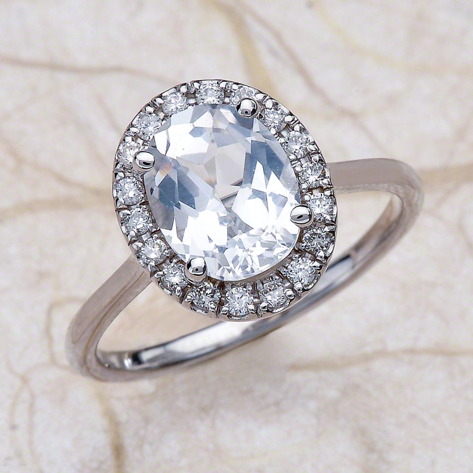 Sapphire Engagement Ring / Oval Cut White Sapphire Halo - Etsy