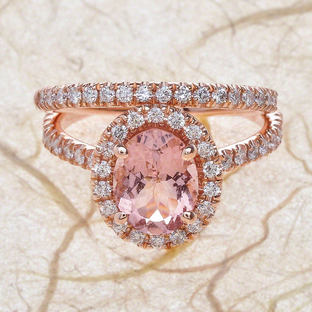 Halo Diamond and Morganite Engagement Ring in 14k Rose Gold | Etsy