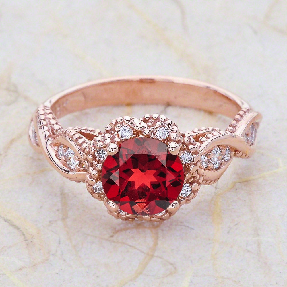 Garnet Engagement Ring Rose Gold / January Birthstone Halo Vintage ...