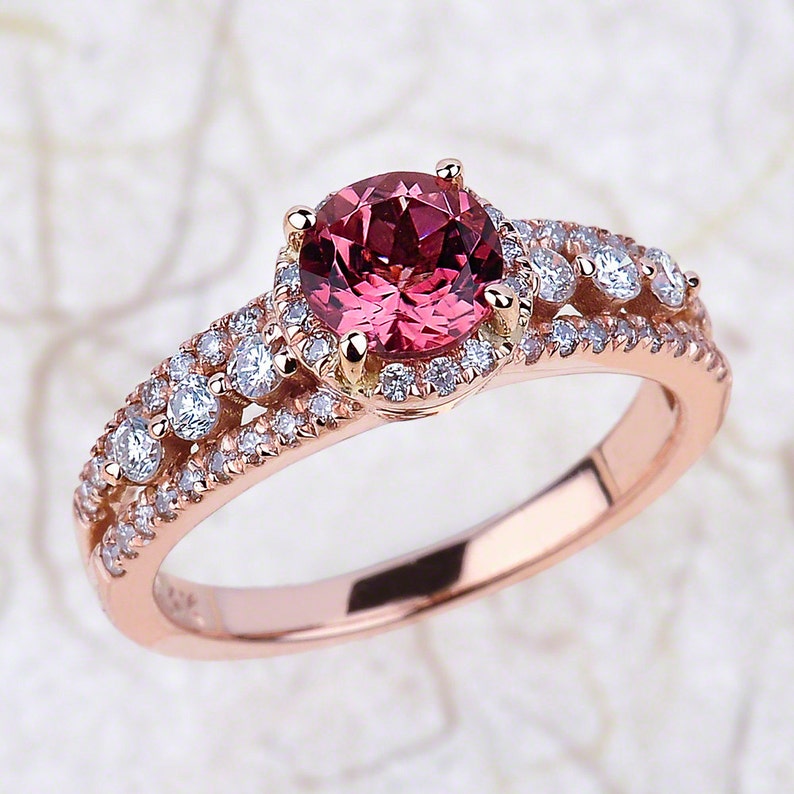 Pink Tourmaline Diamond Halo Engagement Ring 6x6mm Round - Etsy UK