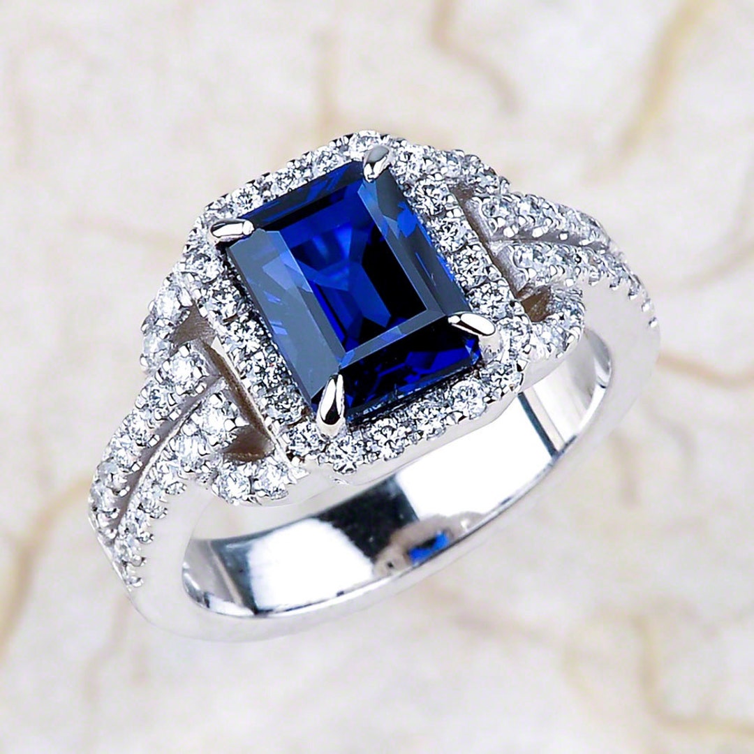 Blue Sapphire Engagement Ring White Gold, Lab Grown Sapphire Engagement ...